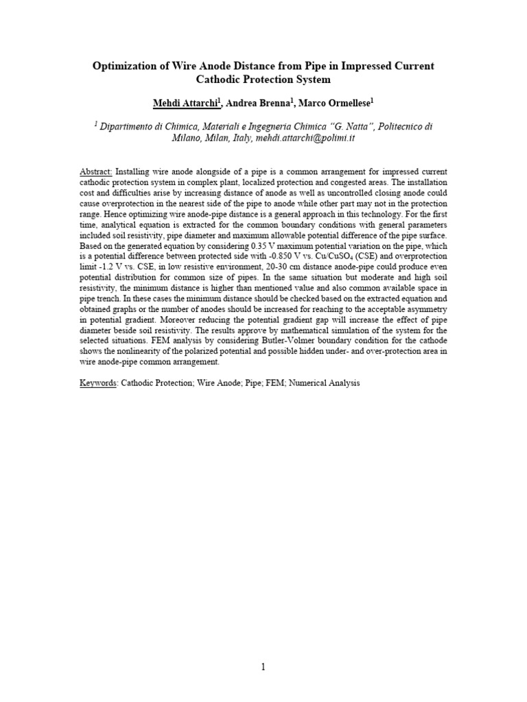 Optimization of Wire Anode Distance From Pipe in Impressed Current Cathodic Protection System ...