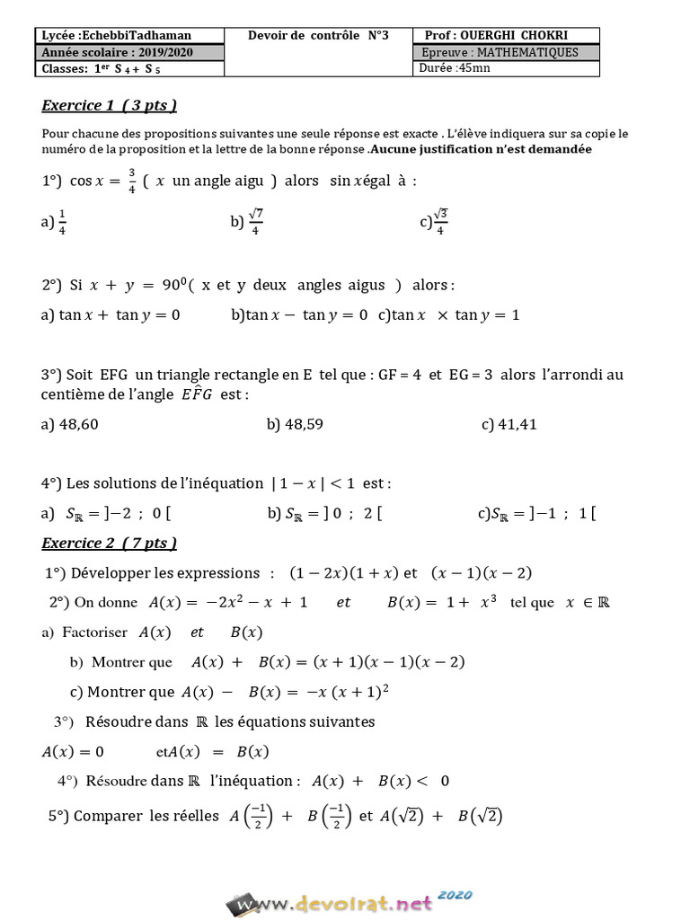 Devoir de Contrôle N°3 - Math - 1ère AS (2019-2020) MR OUERGHI CHOKRI | PDF