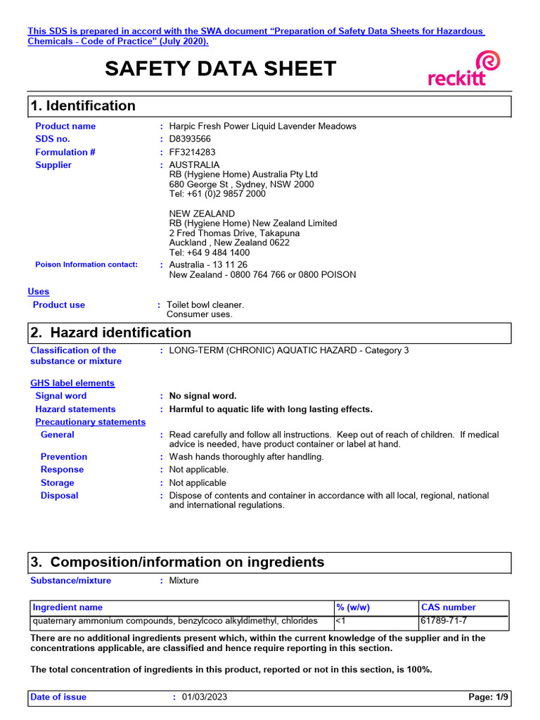 Harpic Fresh Power SDS Overview | PDF | Dangerous Goods | Waste