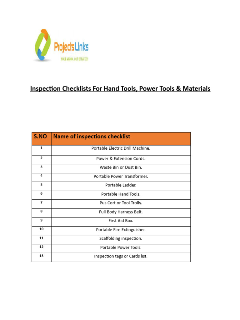 Inspection Checklists For Hand Tools Description | PDF