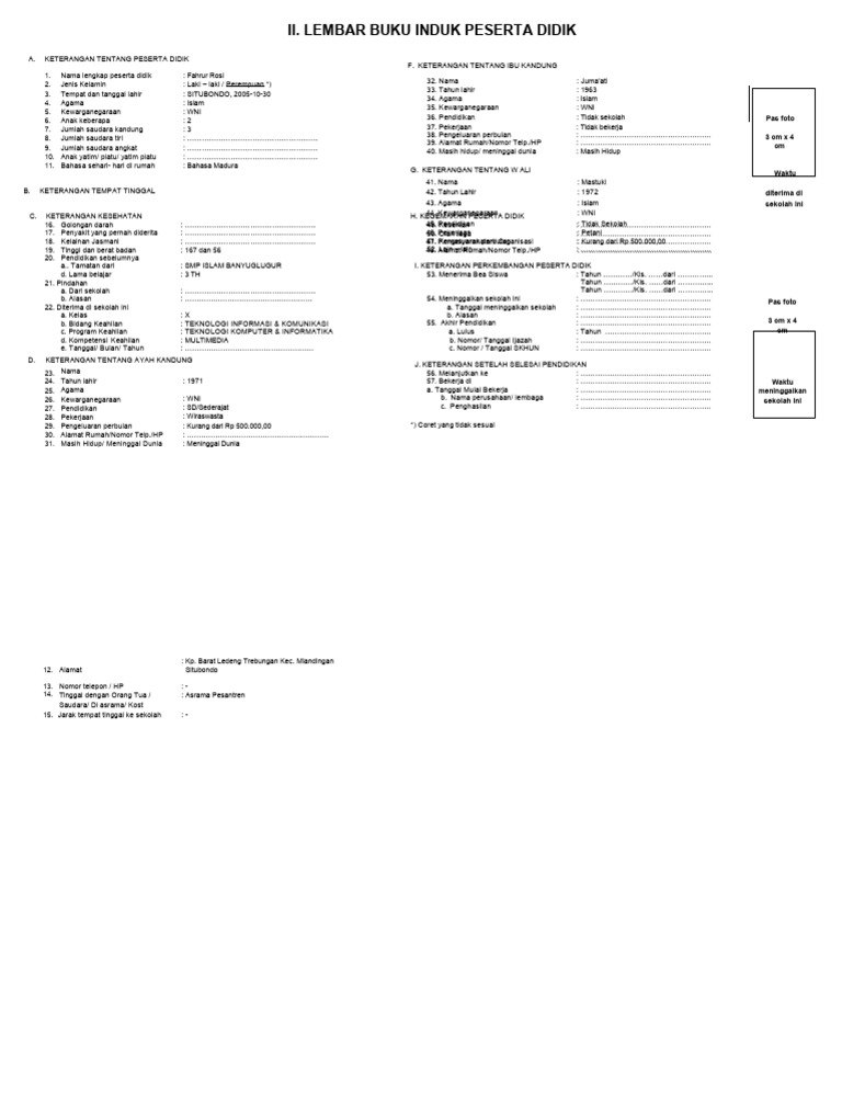 LEMBAR BUKU INDUK (BIODATA) Rosi | PDF