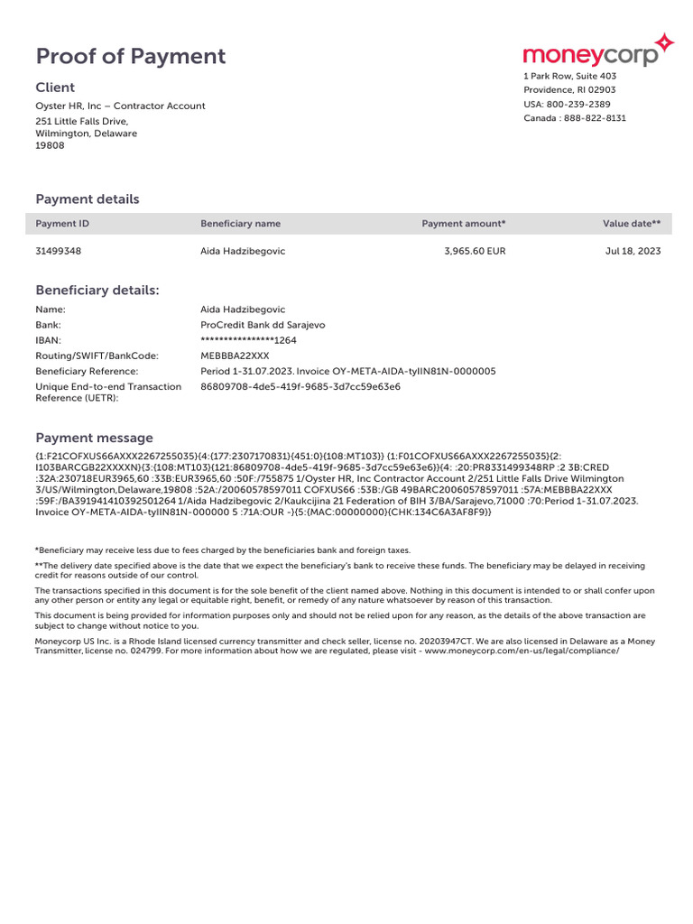 Aida Hadzibegovic 31499348 Proof of Payment - ThirdParty | Download Free PDF | Payments | Banks