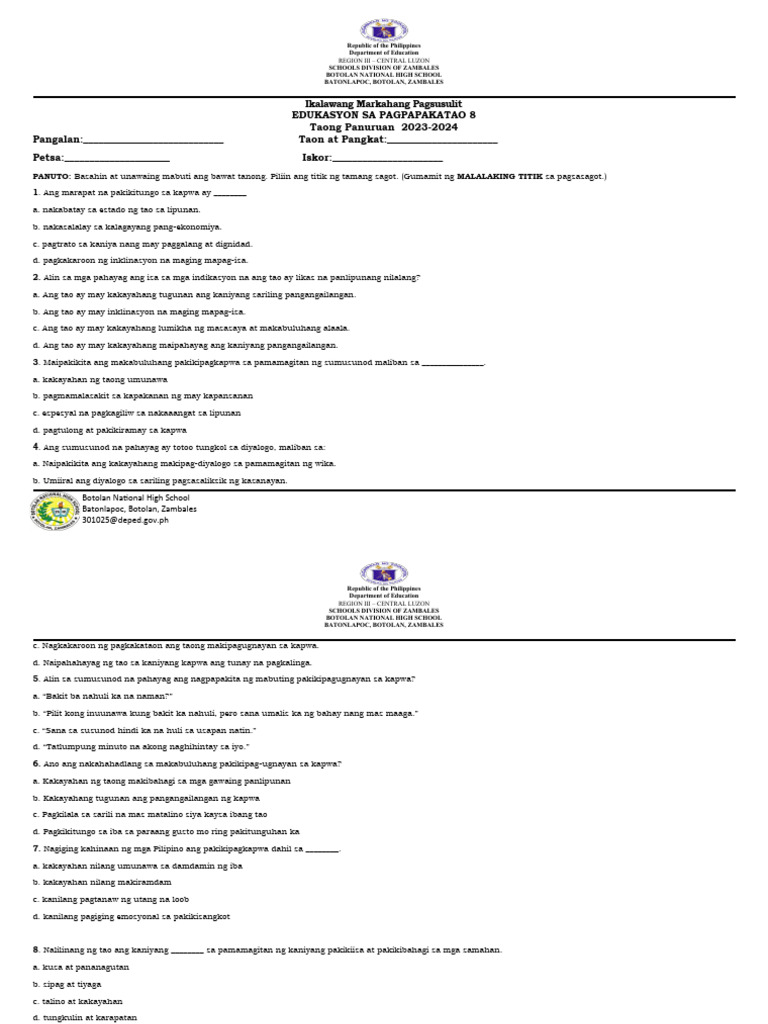 Esp-8 2ND Quarter Exam | PDF