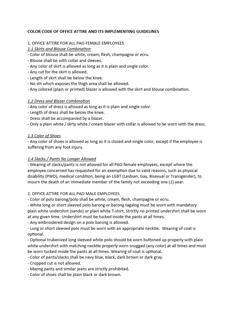 Color Code of Office Attire and Its Implementing Guidelines | PDF ...