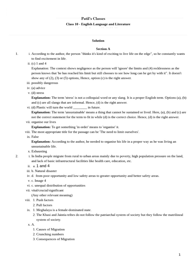 Answer Key For Grade 10 English - Test Series 1 | PDF | Ecology | Ecosystem
