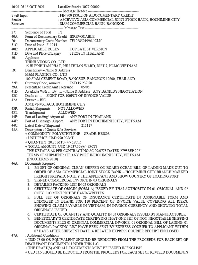 MT700 - Practice | PDF | Bill Of Lading | Cargo
