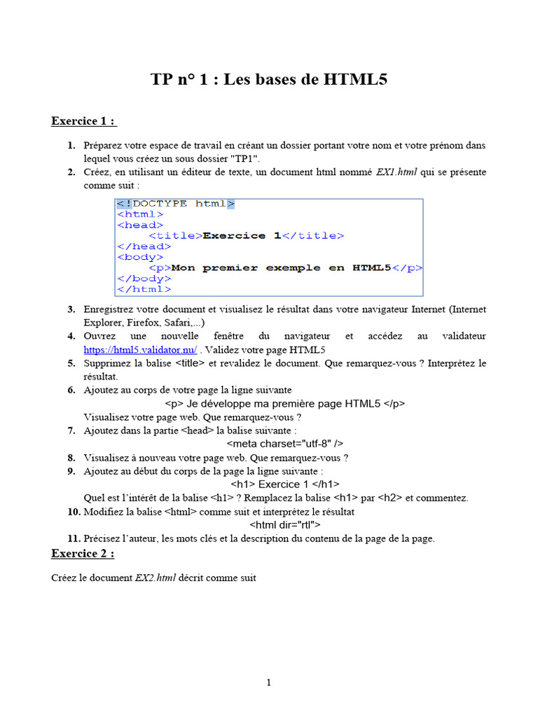 TP N° 1: Les Bases de HTML5: Exercice 1 | PDF
