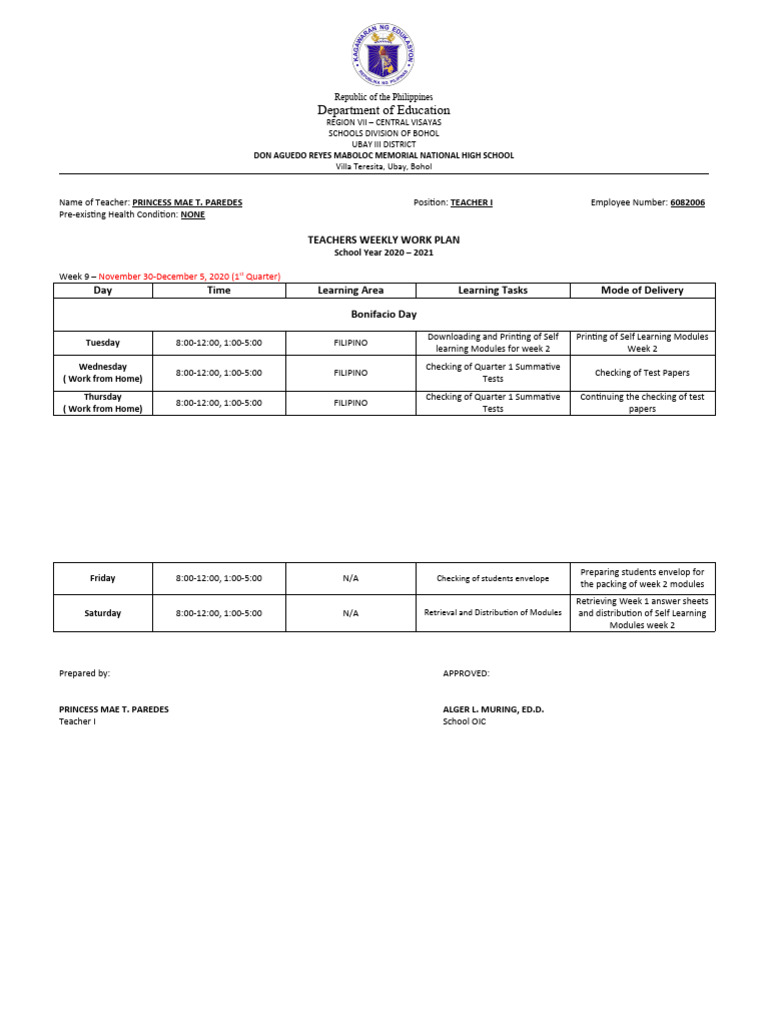 Teachers Weekly Work Plan | PDF | Philippines