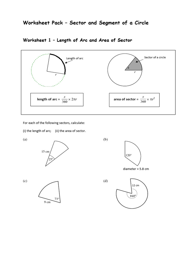 Sector and Segment of A Circle - Worksheets Pack | PDF | Area | Triangle