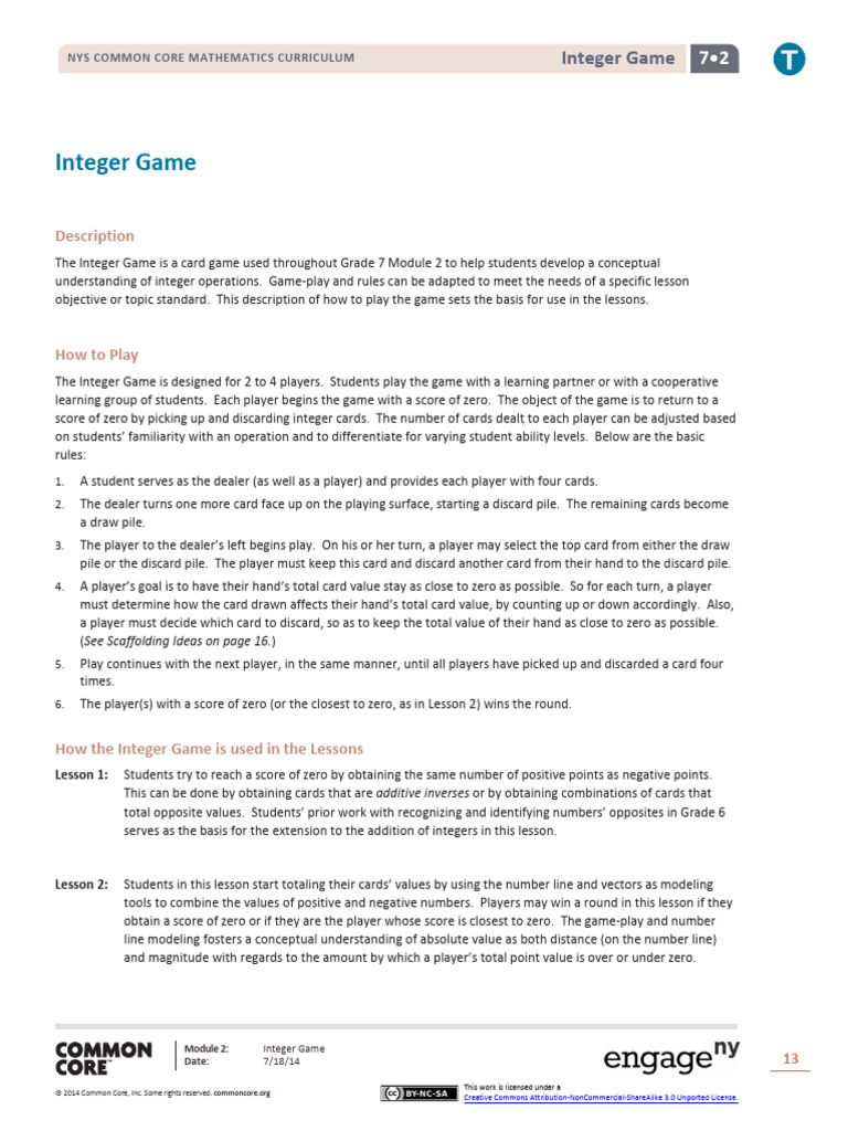 Integer Game for Grade 7 Math | PDF | Multiplication | Creative Commons ...