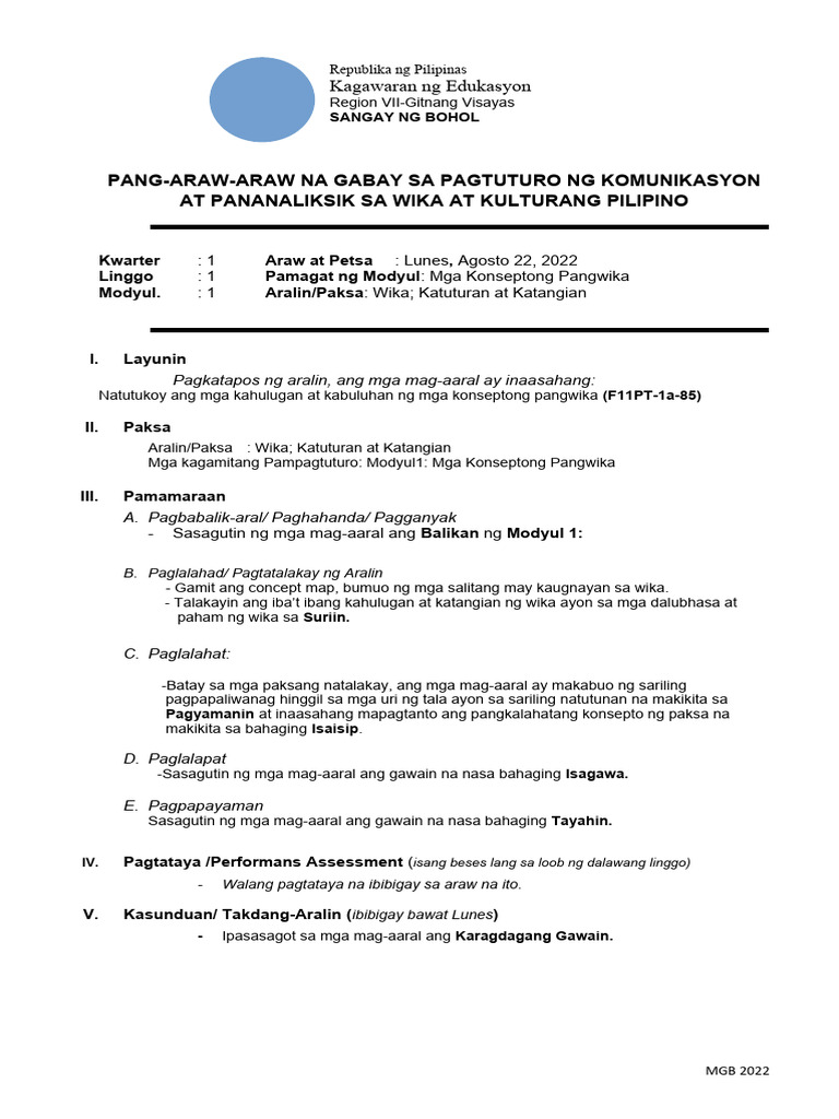 DAILY LESSON GUIDE SA KOMUNIKASYON 11 - Q1 - WK1 - Day1 | PDF