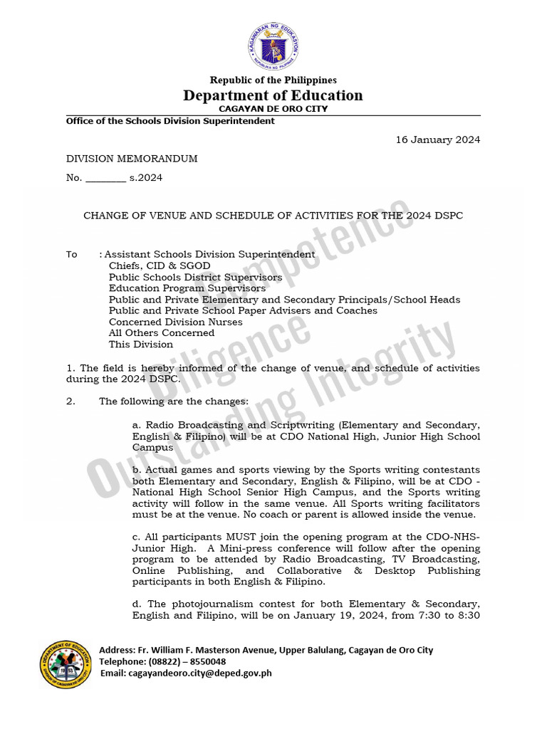 Memo DSPC Change of Venues | PDF | Social Institutions