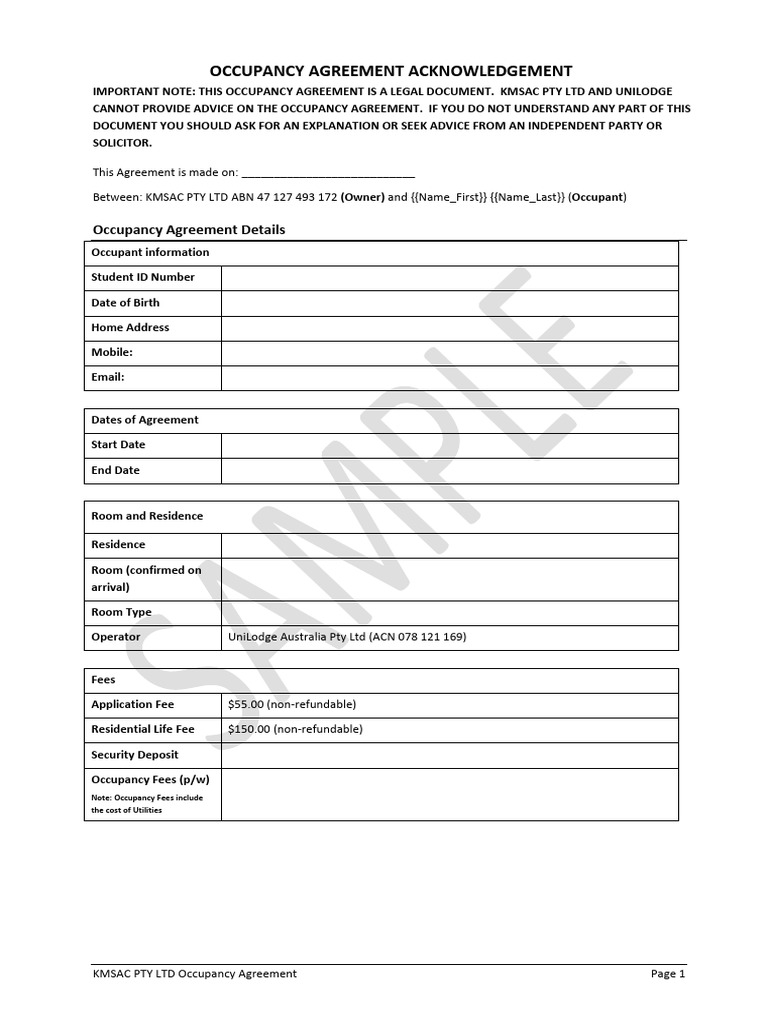 KMSAC PTY LTD Occupancy Agreement | PDF | Social Science | Law