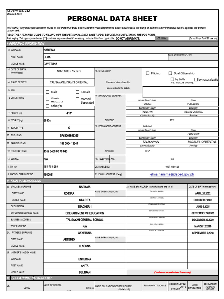 Personal Data Sheet Template | PDF