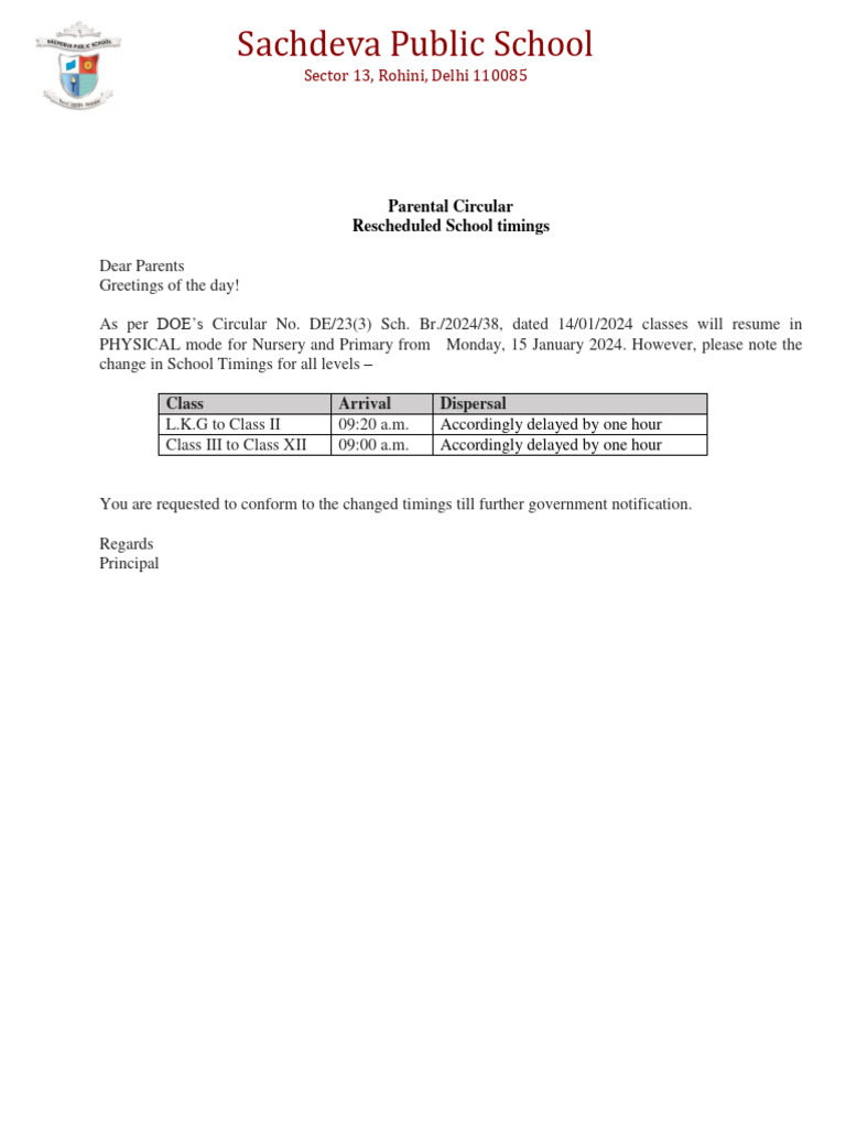Rescheduled School Timings Notice | PDF