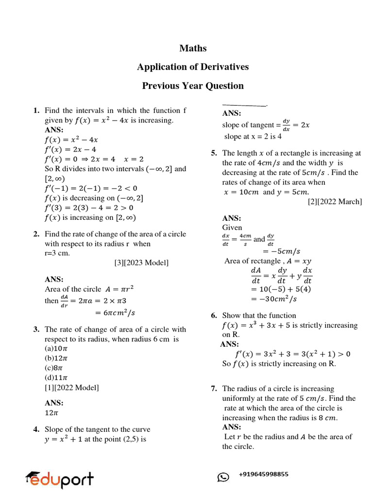 Maths Application of Derivatives Previous Year Question | PDF | Tangent ...