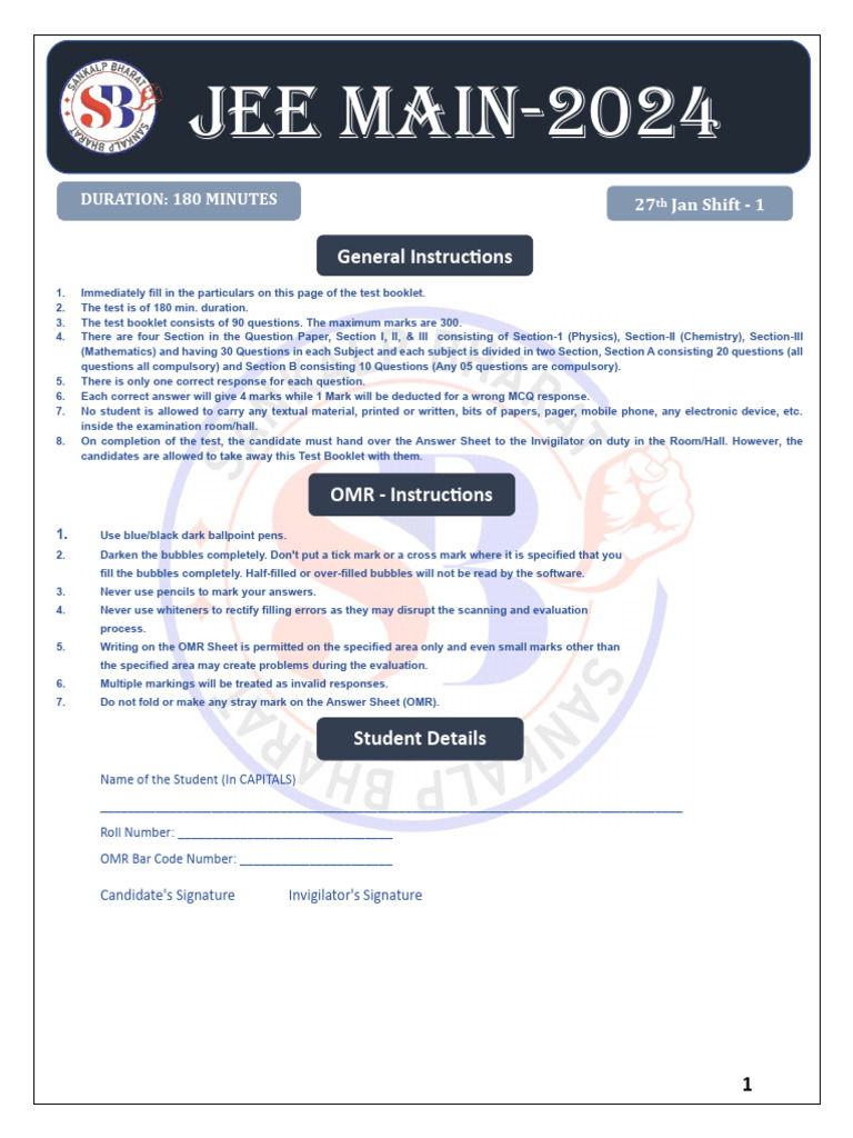 JEE Main 2024 Exam Instructions | PDF | Momentum | Velocity