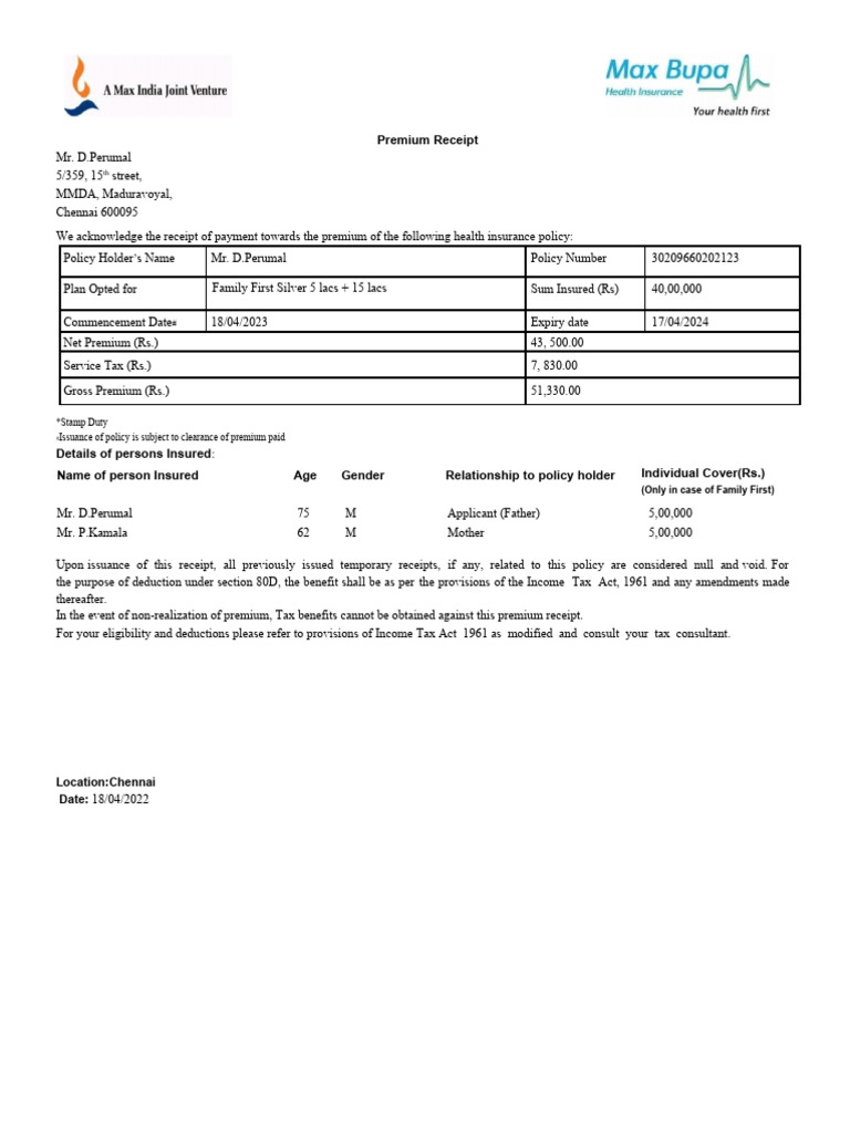 Health Insurance Premium Receipt | PDF