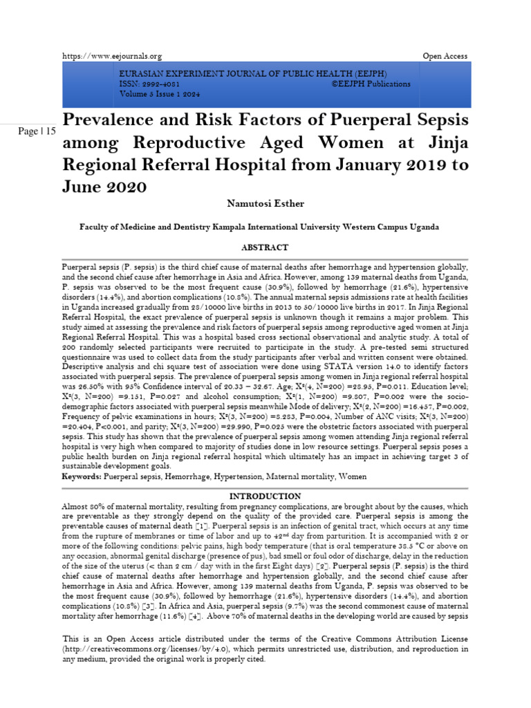 Prevalence and Risk Factors of Puerperal Sepsisbamong Reproductive Aged ...