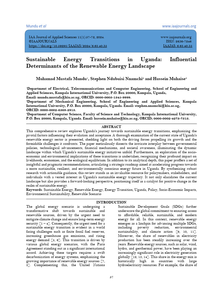 Sustainable Energy Transitions In Uganda Influential Determinants Of The Renewable Energy