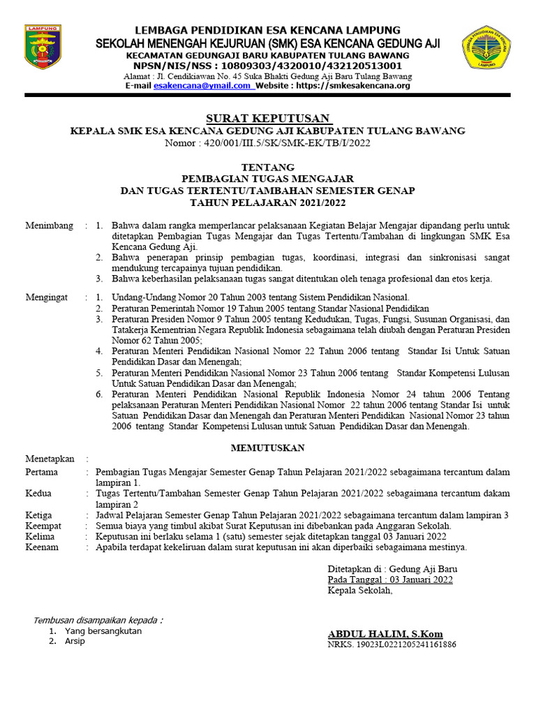 SK Pembagian Tugas Genap 2021-2022 | PDF