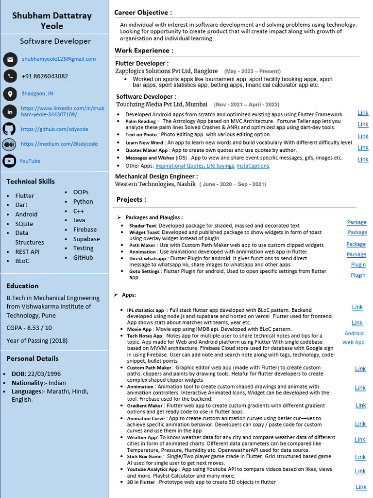 Shubham Yeole Resume Dec23 | PDF | Mobile App | Android (Operating System)