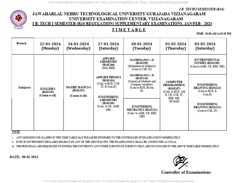 JNTU-GV B.tech 1-1 Sem R16 Time Table Jan 2024 | Download Free PDF ...