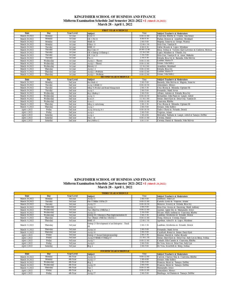 2nd Sem 2021 2022 Midterm Examination Schedule v1 | PDF | Lent