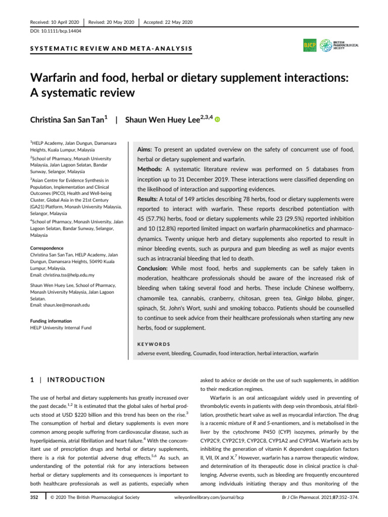 Brit J Clinical Pharma - 2020 - Tan - Warfarin and Food Herbal or Dietary Supplement ...