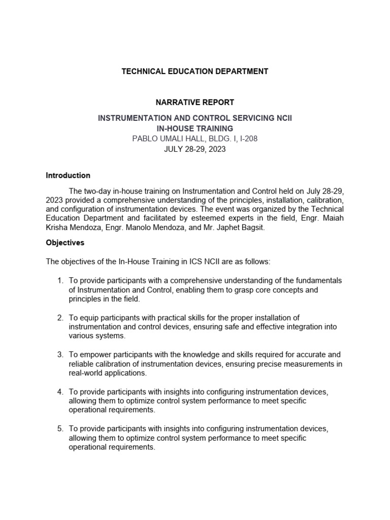 Narrative Report ICS IN-HOUSE TRAINING | Download Free PDF ...