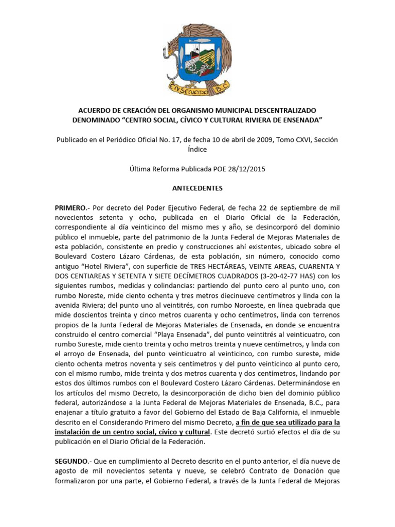 Creación del Centro Riviera Ensenada | PDF | Gobierno local | Administración Pública