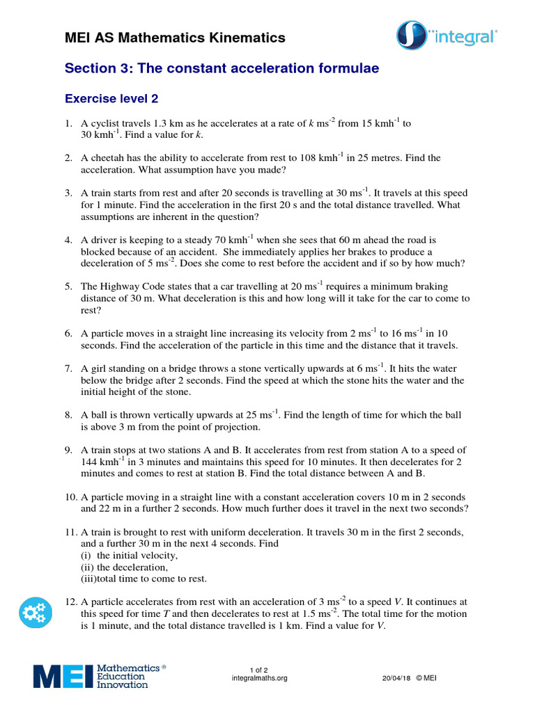 Kinematics Exercises for AS Mathematics | PDF | Acceleration | Speed