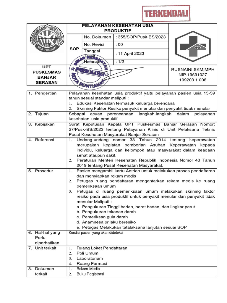 4.5.1.d.2. SOP PELAYANAN KESEHATAN USIA PRODUKTIF 2023 | PDF
