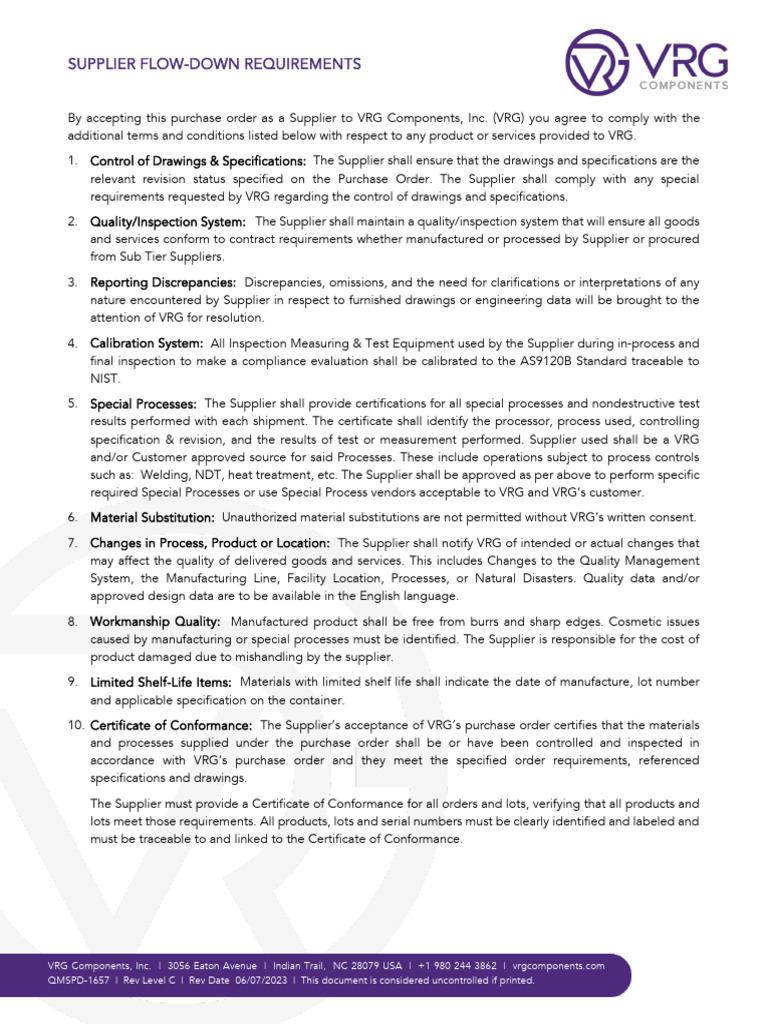 VRG Components Supplier Flow Down Requirements QMSPD 1657 Rev.C | PDF ...