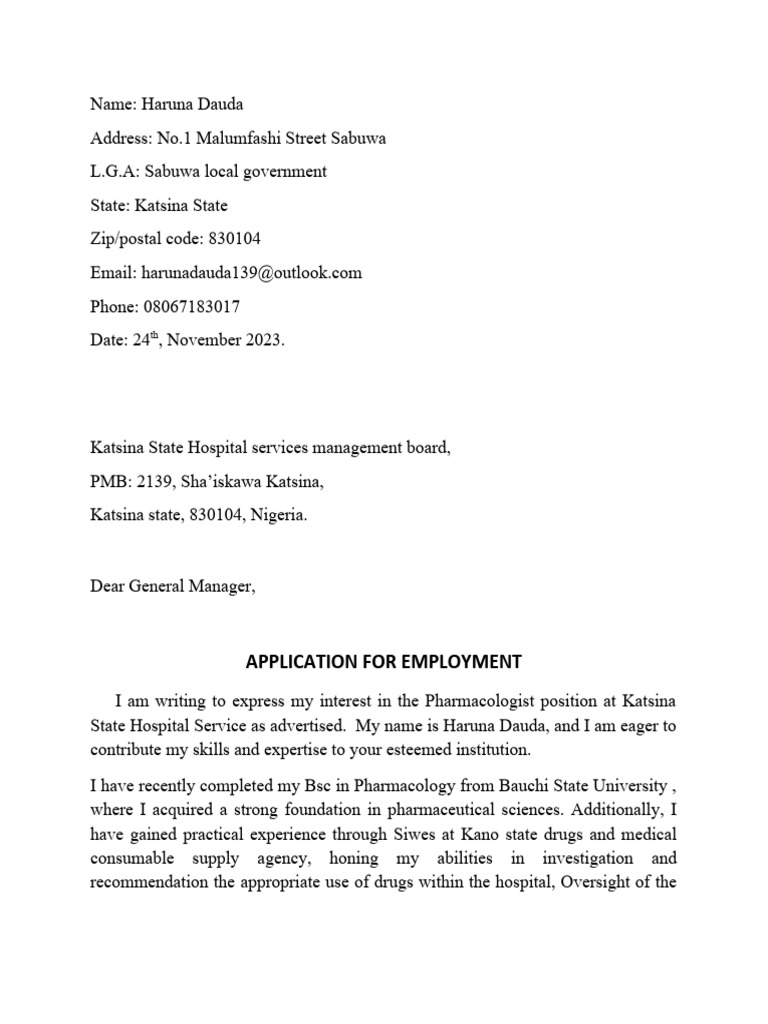 Haruna Dauda KSHSMB Cover Letter | PDF