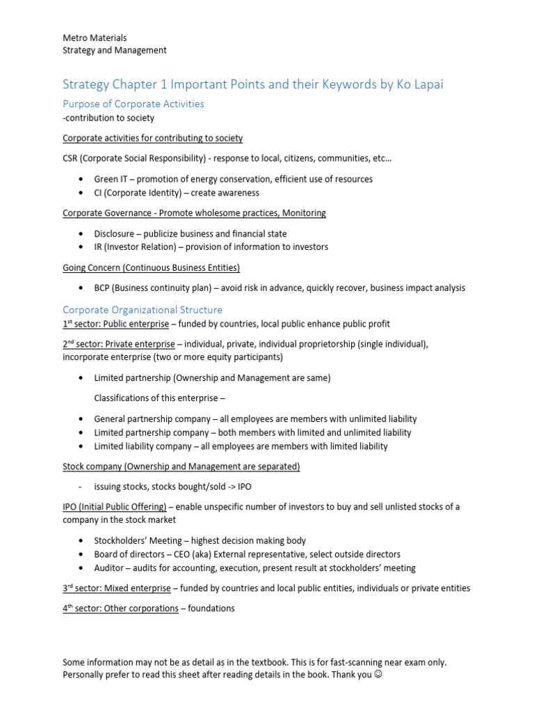 Strategy Chapter 1 Important Points and their Keywords by Ko Lapai | PDF
