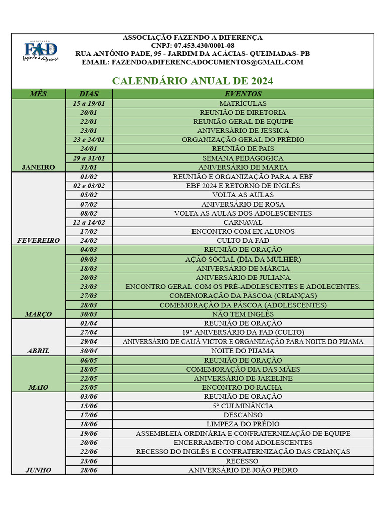 Calendario FAD 2024. | PDF | Comemorações