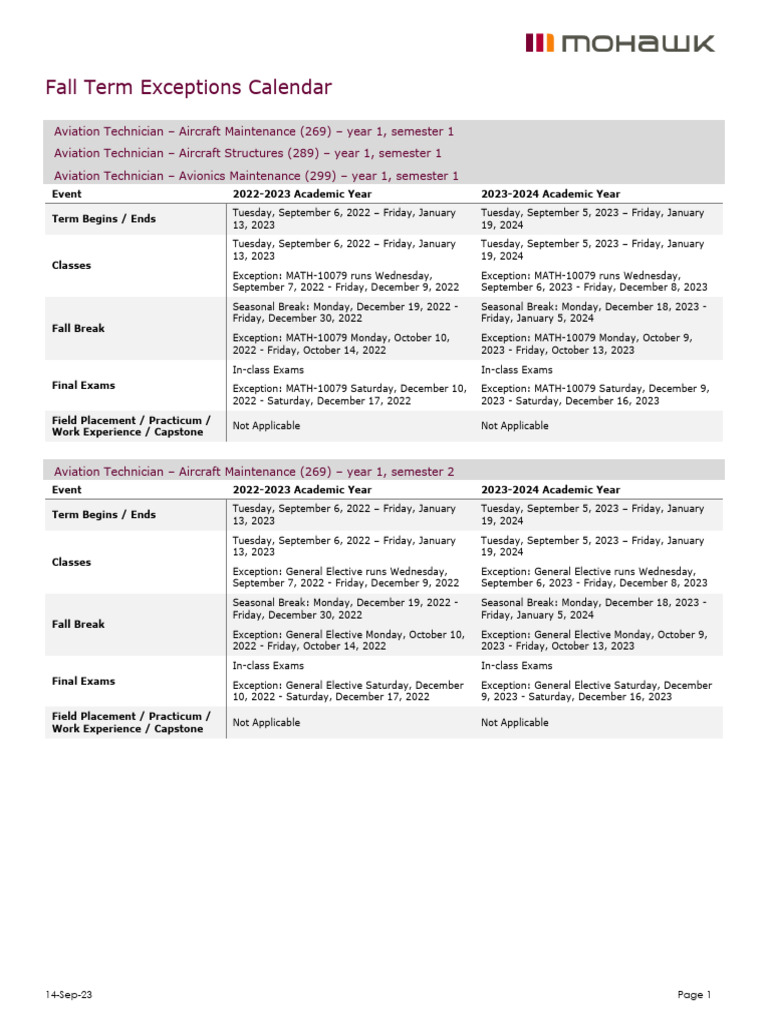 2023-2024 Fall Term - Exceptions Calendar - Mohawk College - Sep 14-23 ...