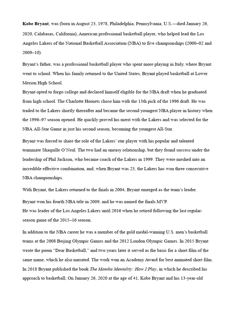 Kobe Bryant: Life and Legacy | PDF
