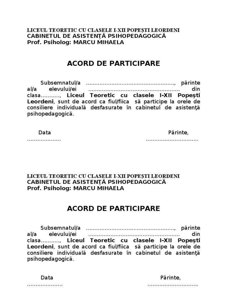 Acord de Consiliere Parinti-liceu