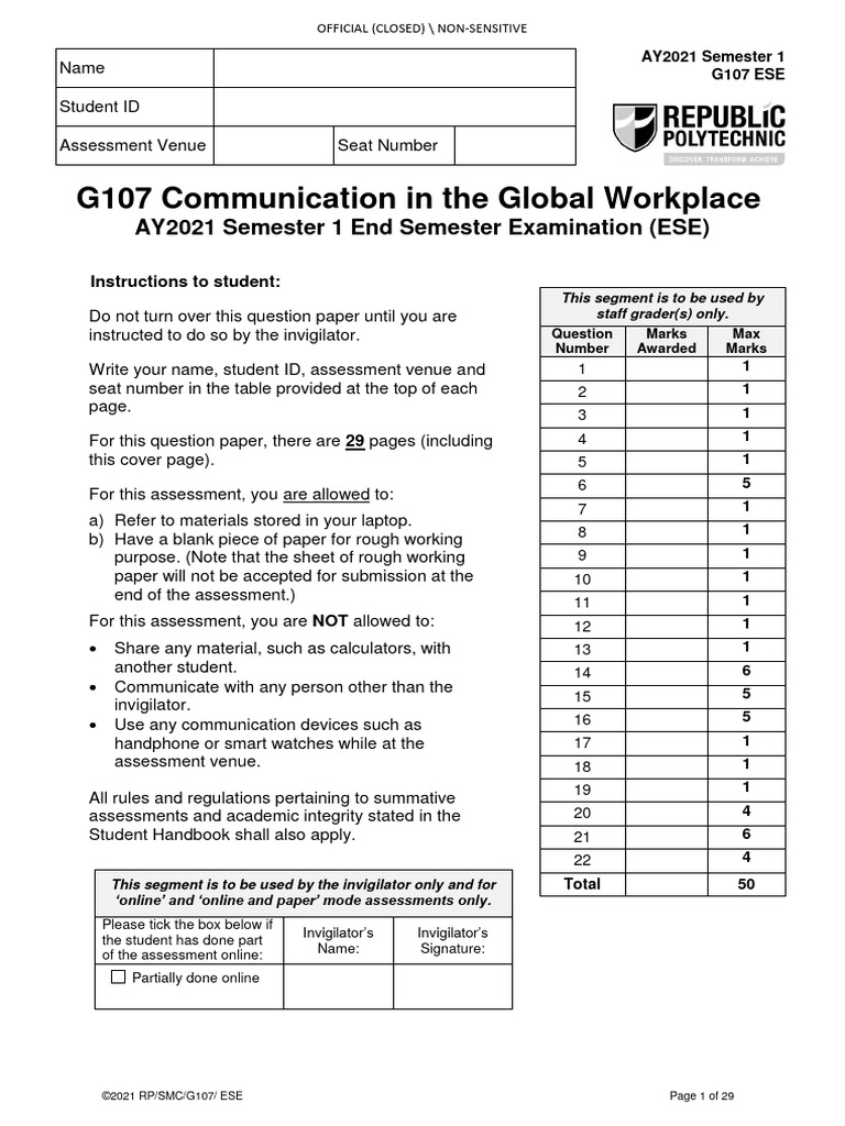 AY 2021 Sem 1 G107 - ESE | PDF | Entrepreneurship | Nonverbal Communication