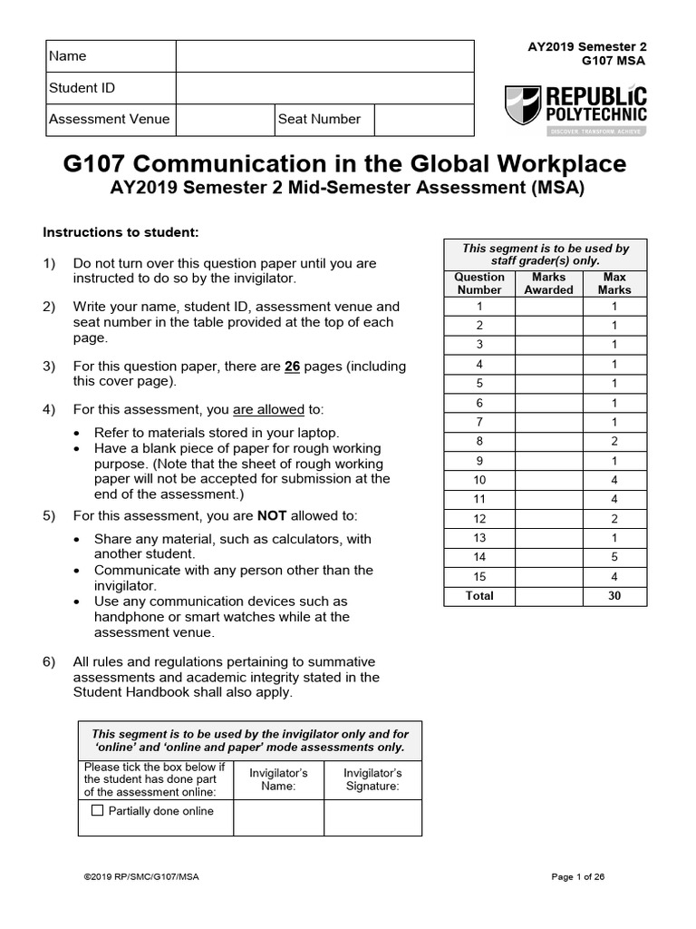 AY 2019 Sem 2 G107 - MSA | PDF