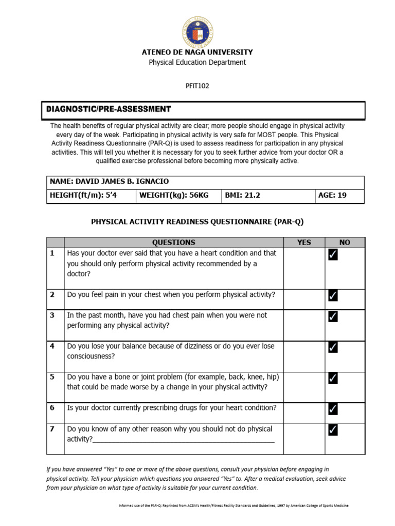 Physical Activity Readiness Form | PDF | Physician | Medical Specialties