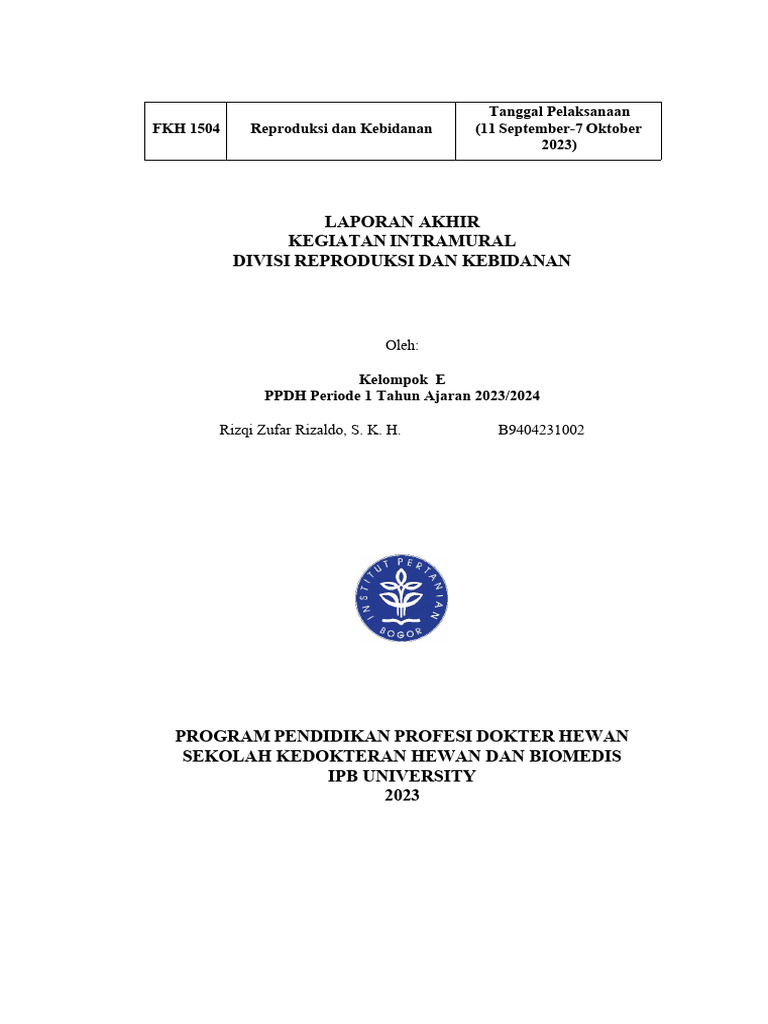 Laporan Akhir PPDH Stase Reproduksi - Rizqi Zufar Rizaldo - B9404231002 | PDF | Sains & Matematika