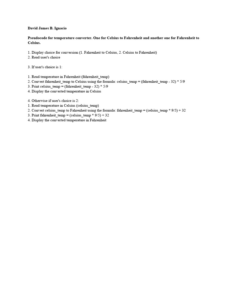 Pseudocode Temperature Converter (David James Ignacio) | PDF