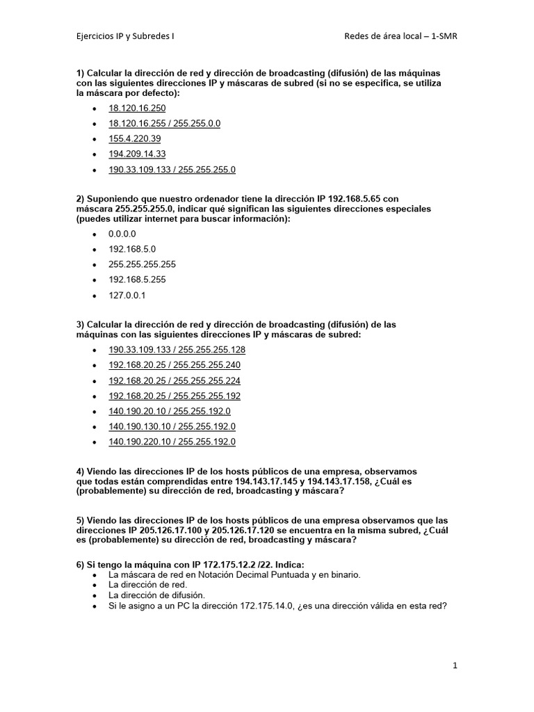 EjerciciosIp Enunciados | PDF | Dirección IP | Protocolos de internet