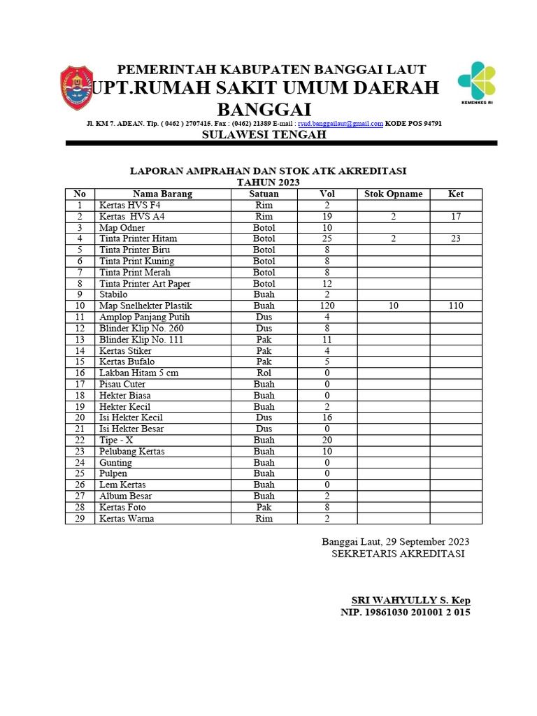 Laporan Stok ATK RSUD Banggai 2023 | PDF