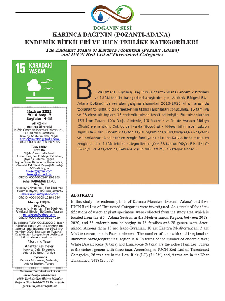 Karinca Da - I - Nin (Pozanti-Adana) Endem - K B - TK - Ler - Ve Iucn Tehl - Ke Kategor - Ler ...