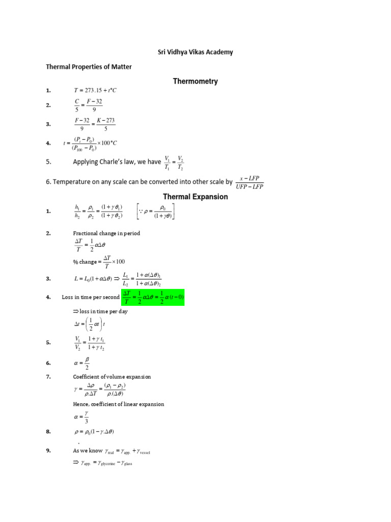 Thermal Properties of Matter Formula Sheet | PDF | Heat | Continuum ...
