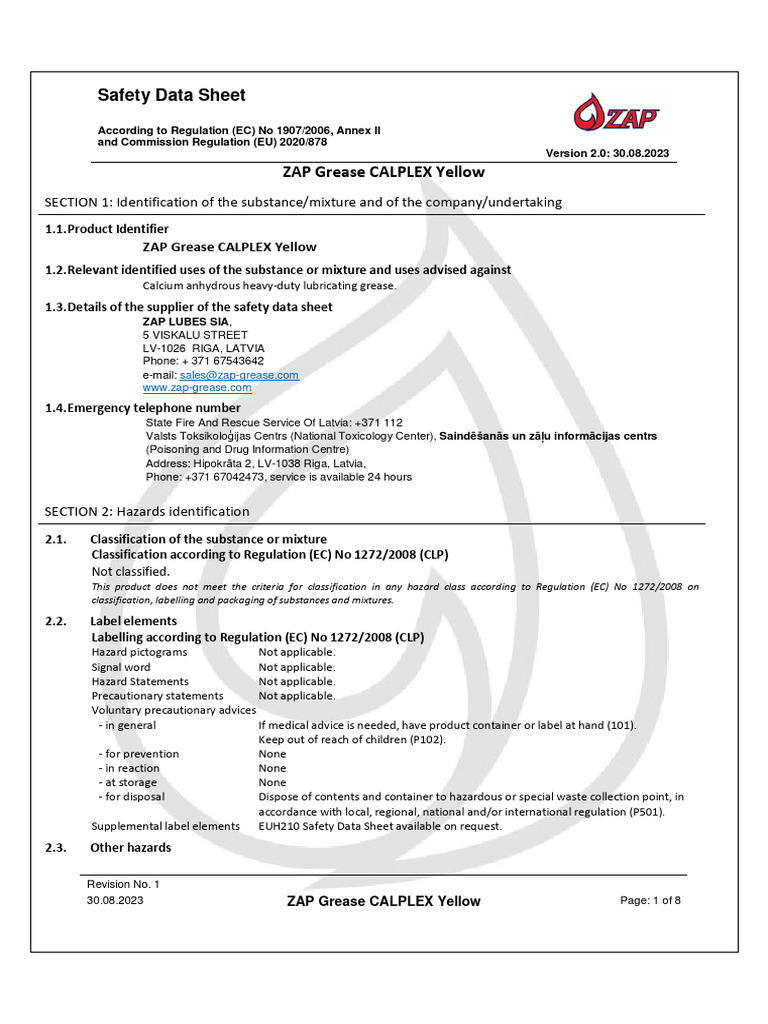 MSDS ZAP Grease CALPLEX Yellow EN-2020-878 2023-08-30 | PDF | Dangerous ...
